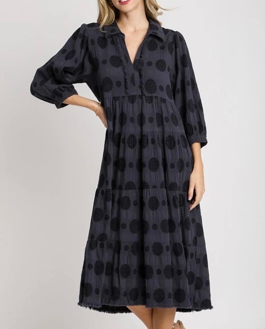 Dotted V Neck Collared Tiered Midi Dress | The Turquoise Junkie